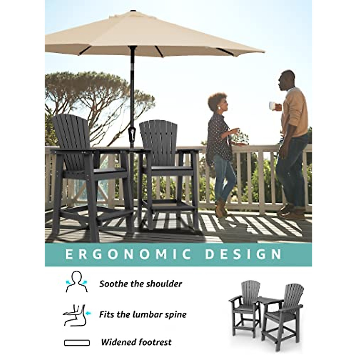 KINGYES Balcony Chair Tall Adirondack Chair Set of 2 Outdoor Adirondack Barstools with Connecting Tray - Patio Stools Weather Resistant for Deck Balcony Pool Backyard, Gray