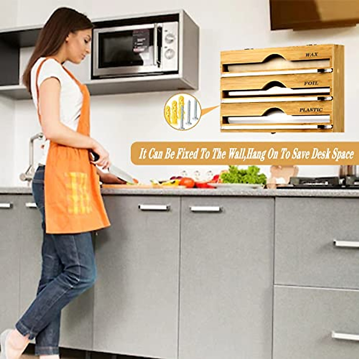 Foil and Plastic Wrap Organizer-3 in 1 Bamboo Plastic Wrap Dispenser with Slide Cutter and Labels Aluminum Foil Wax Paper Parchment Holder for Kitchen Drawer and Wall Mount,Compatible with 12" Roll