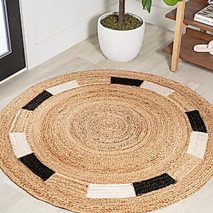 JONATHAN Y RNF106A-5R Porto Geometric Jute Circle Indoor Area-Rug, Cottage, Bohemian, Country Easy-Washing,Bedroom,Kitchen,Living Room,Non Shedding, Natural/Cream/Black, 5' Round