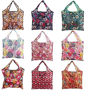 JEFHOMKIT 9 Pack Reusable Grocery Bags,Foldable Floral Shopping Bags,Nylon Fabric Reusable Bags for Groceries,Washable Grocery Tote Bag with Handles,Large Lightweight Shopping Grocery Bags with Pouch