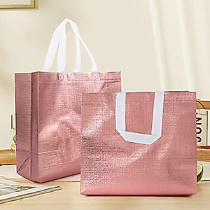 YHJZ 12 Pcs Reusable Gift Bags, Rose Gold Gift Bags Glossy Glitter Reusable Grocery Bag with Handle Non-woven Shopping Bags Tote Bag for Presents Bridesmaid Birthday Party Wedding (Rose Gold)