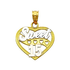 14k REAL Two Tone Gold 15 A?os Heart Pendant with 1.5mm Diamond Cut Chain Necklace - 16"