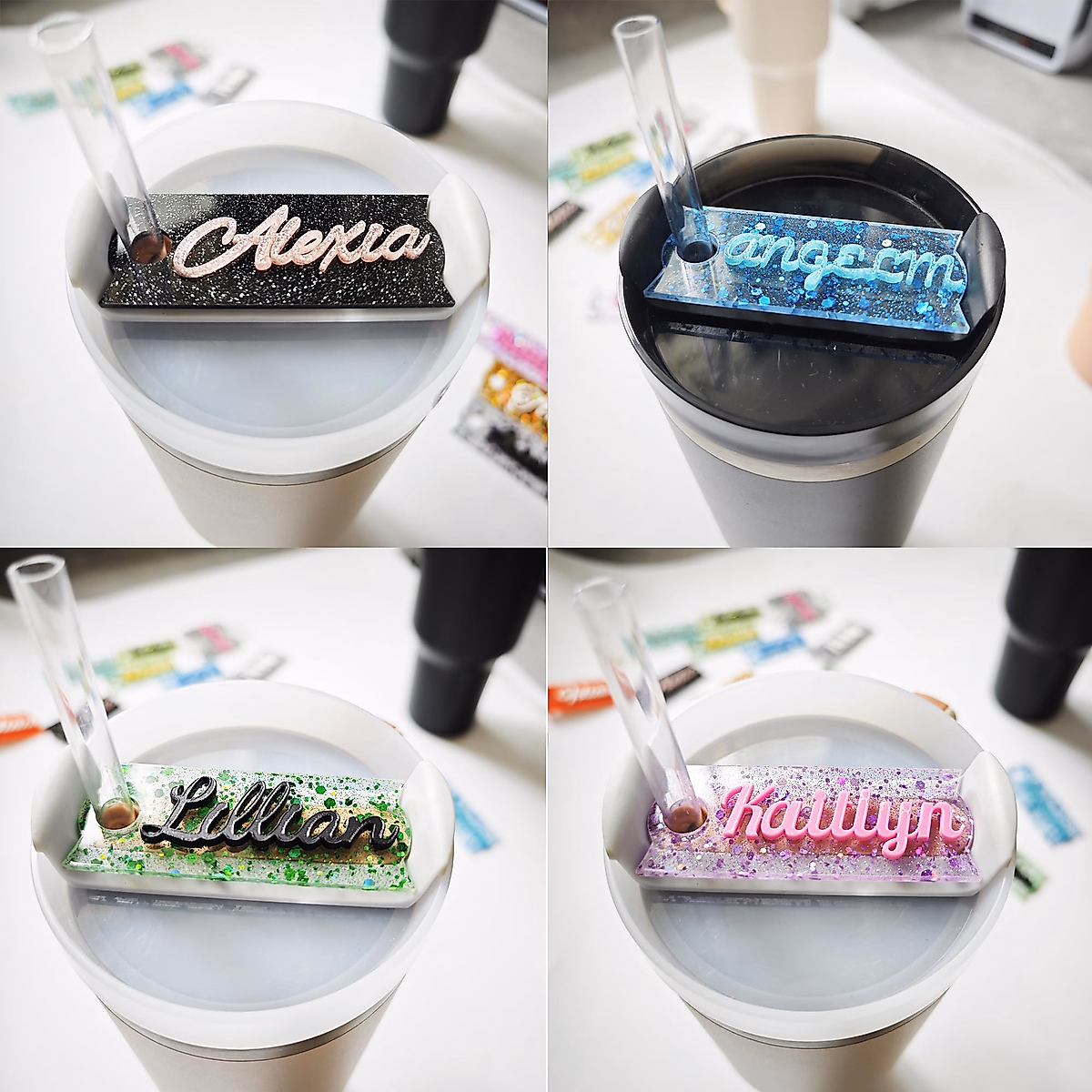 Personalized Name Plate for Stanley 20 30 40 Oz,Custom Name Tag for Stanley Cup - Raised Lettering - Customized Tumbler Name Plate,Tumbler Lid Topper (Glitter Scale + Glitter Stars)