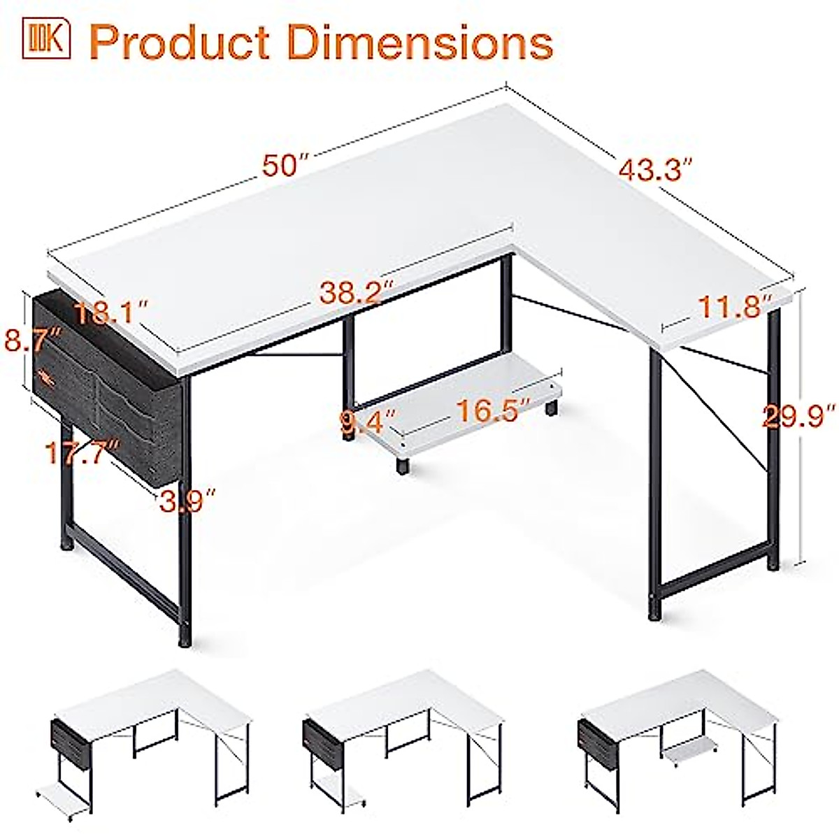 ODK L Shaped Desk with Storage Bag - 50 Inch Home Office Desk with Host Stand, White Reversible Computer Corner Desk for Bedroom Studio, Modern PC Gaming Desk for Study Writing