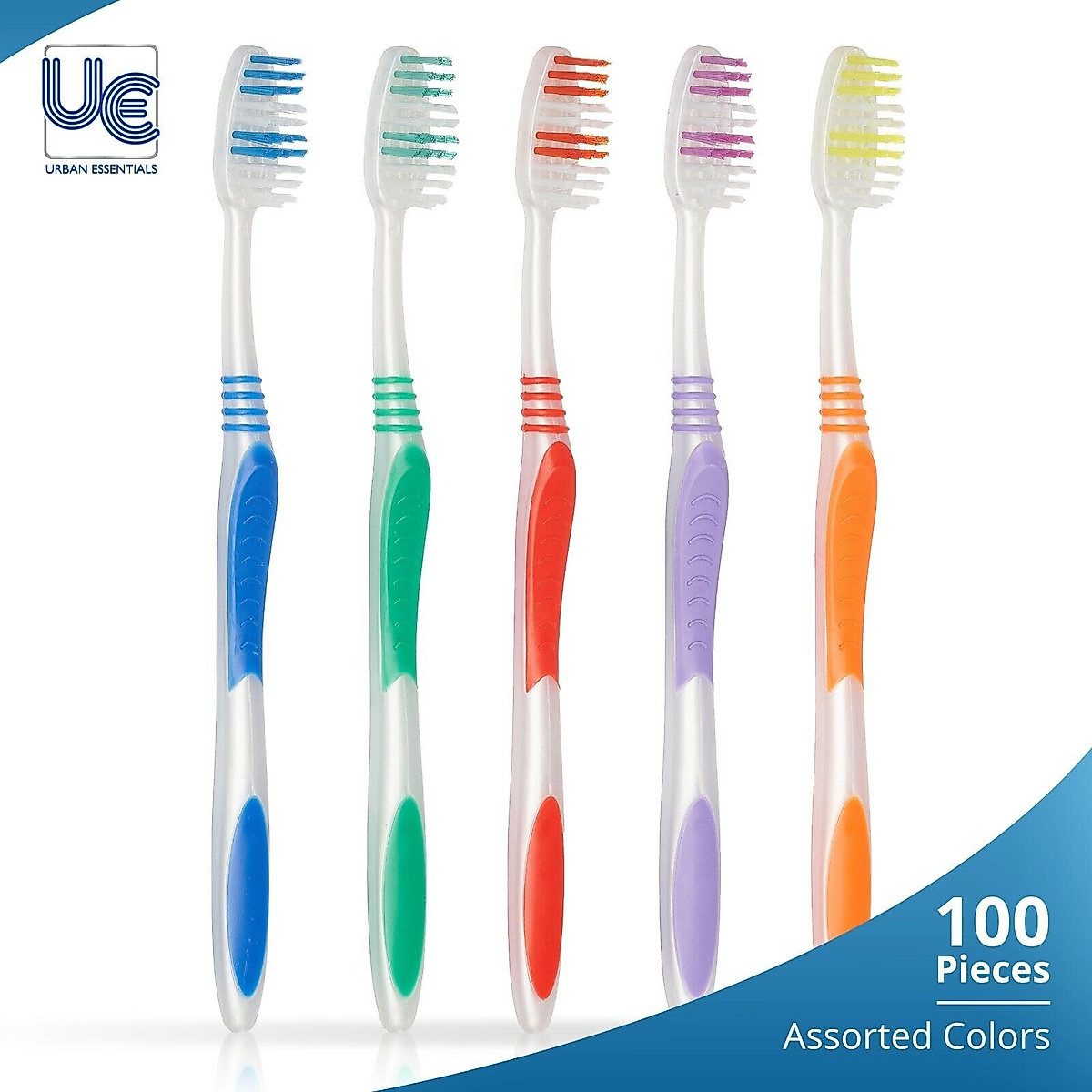 Urban Essentials Bulk Toothbrush Package with Covers | Premium Quality Individually Wrapped Colorful Tooth Brushes | Medium Soft Toothbrush Hygienic Cap for Donations, Travel, Hotels (100 Pack)