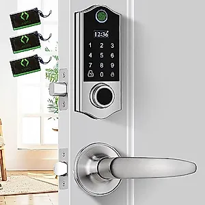 Harfo Fingerprint Door Lock with 2 Lever Handles, Smart Door Lock, Keyless Entry Door Lock, Door Locks with Keypads, Front Door Lock Set, Keypad Door Lock with Handle (Satin Nickel)