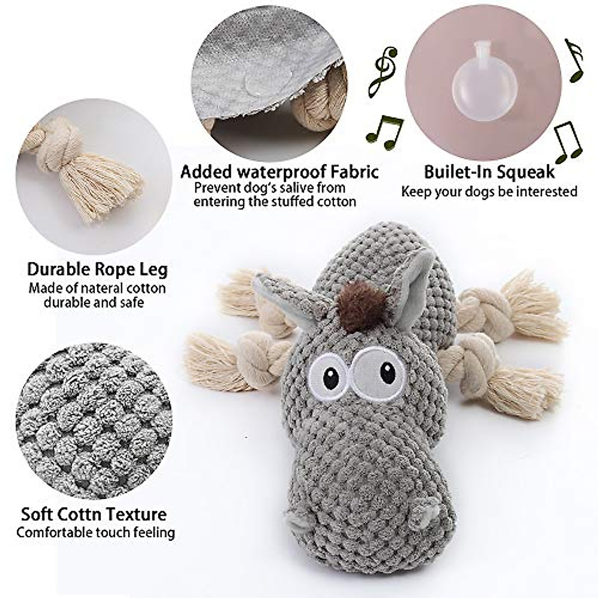 Sedioso Dog Toys, Dog Plush Toy for Large Breed, Cute Squeaky Dog Toys with Crinkle Paper, Dog Chew Toys for Puppy, Small, Middle, Big Dogs (Donkey(Grey))