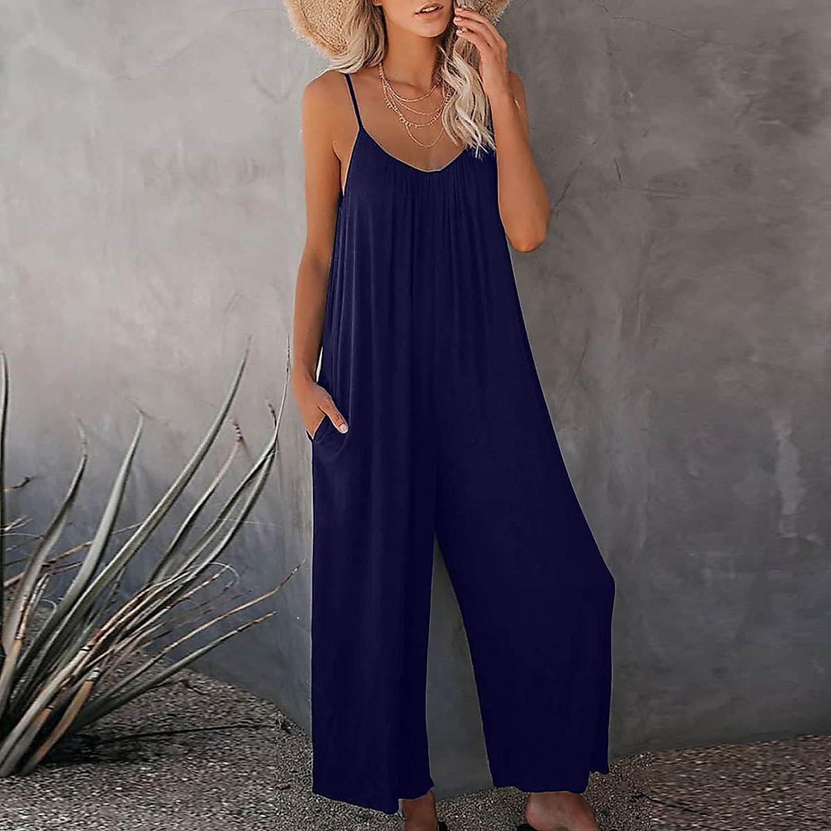 Short Sleeve Rompers For Women Spaghetti Strap Jumpsuits Casual Sleeveless Sexy V Neck Bib Overalls Summer Pleated Pants Romper Wide Leg 2023 Plus Size