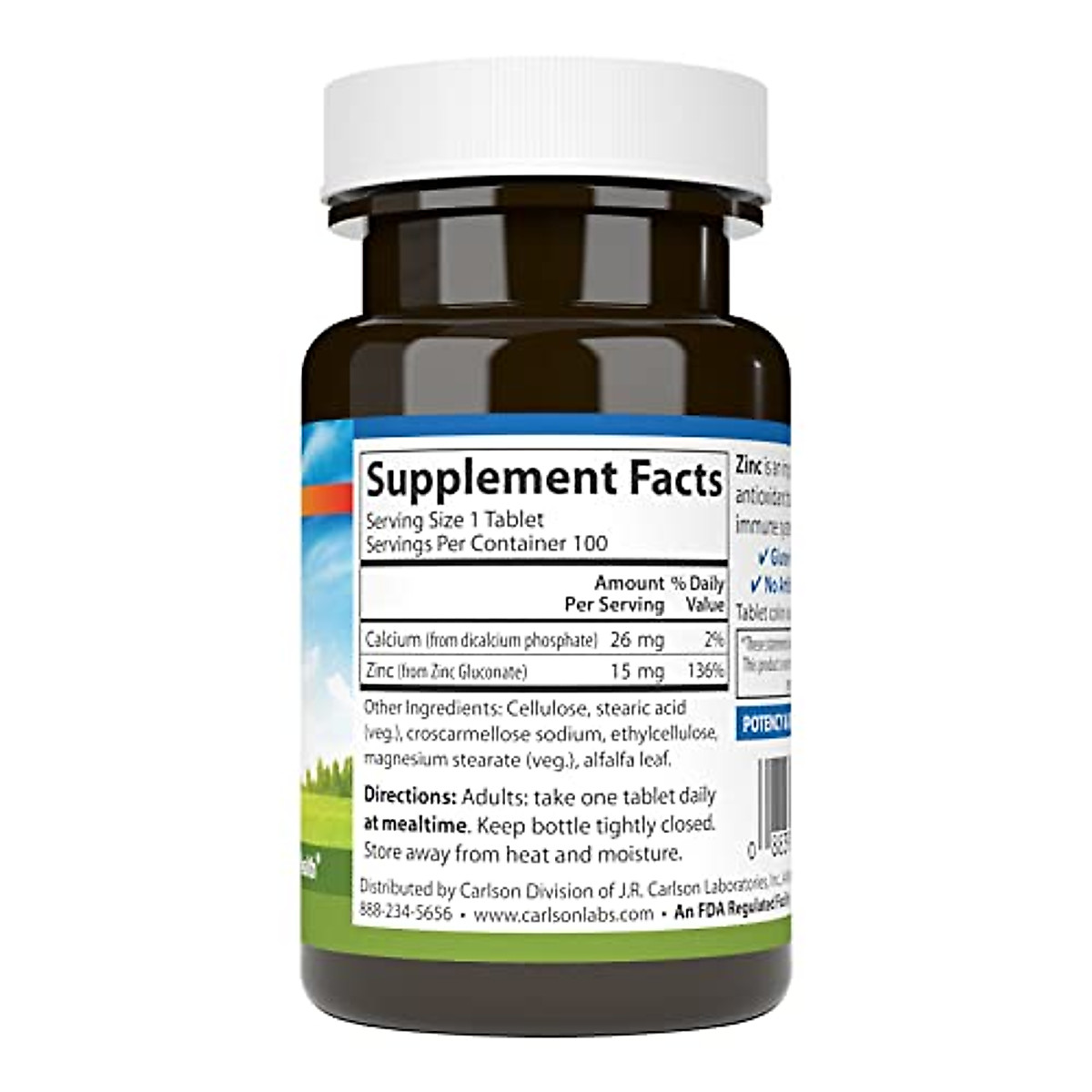 Carlson - Zinc, 15 mg, Zinc Supplement, Zinc Gluconate, Immune Support & Skin Health, Zinc Tablets, Antioxidant, Zinc Capsules, 100 Tablets