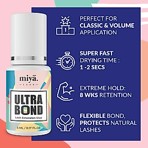 MIYA LASH Ultra Bond Eyelash Extension Glue | Professional Use | 8 Weeks Retention | 1-2 Sec Dry Time | Volume & Classic Individual Lash Adhesive | Super Strong Bond Lash Extension Glue 5ml Salon Use