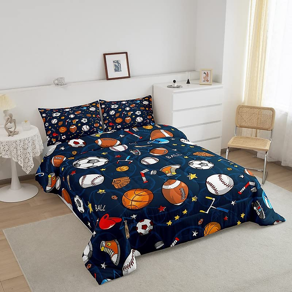 Feelyou Sports Comforter Set Blue Ball Bedding Set Baseball Football Basketball Comforter for Kids Boys Girls Competitive Games Duvet Set Room Decor Quilt King Size Boys