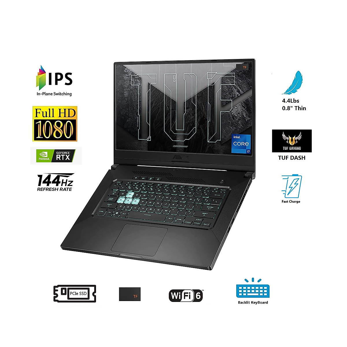 2022 Newest ASUS TUF Dash Premium Gaming Laptop: 15.6" FHD 144Hz IPS Display, Intel Gaming H Core H 8-Core i7-11370H, 32GB RAM, 1TB SSD, 4GB GeForce RTX 3050Ti, Wifi6, Backlit-KYB, DTS, Win10H