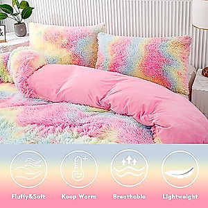 PERFEMET Pink Faux Fur Fluffy Comforter Twin 3-Piece Colorful Rainbow Plush Shaggy Bedding Sets for Girls Tie Dye Fuzzy Furry Comforter Set(Pink, Twin)