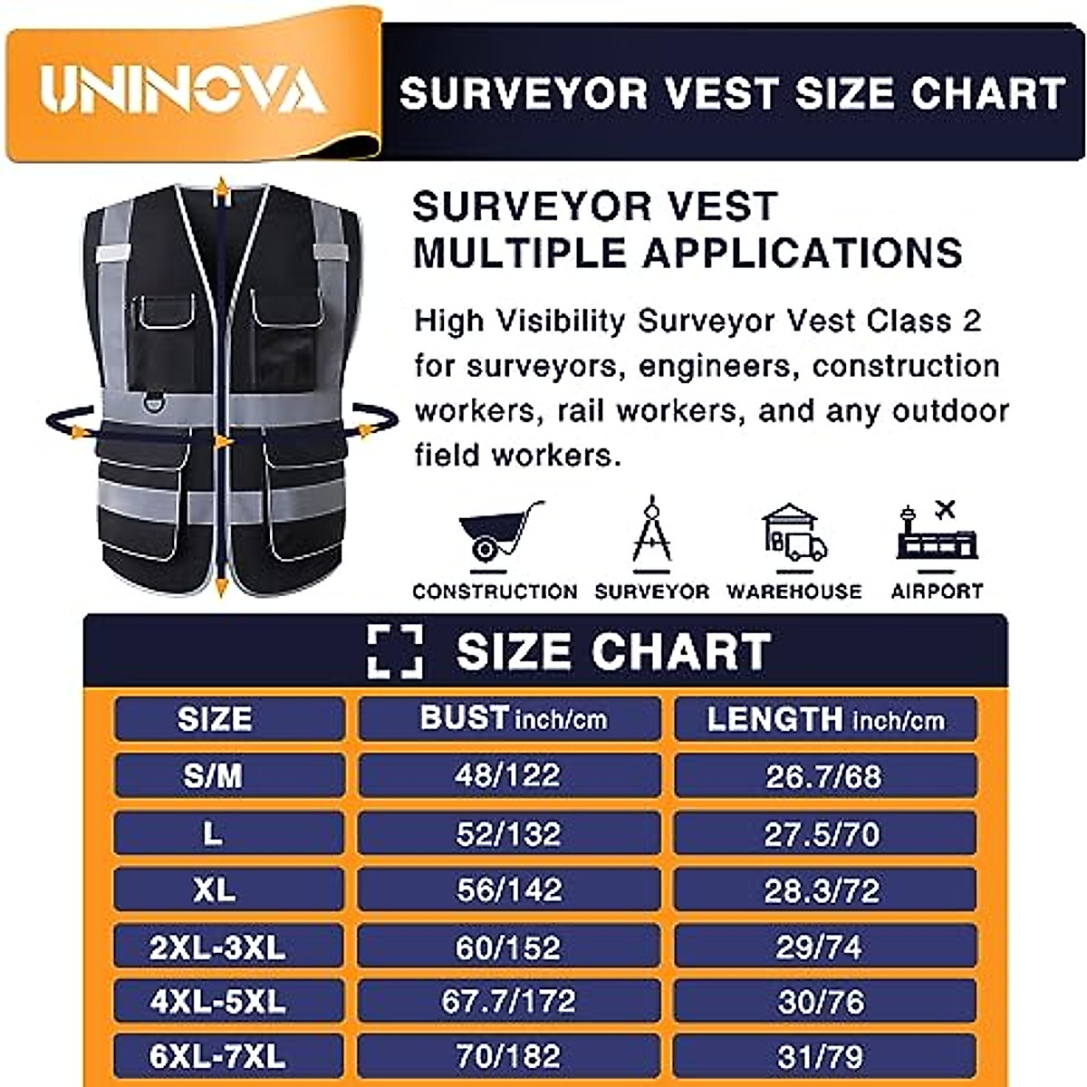 UNINOVA High Visibility Safety Vest - Multi Pockets Reflective Mesh Breathable Workwear, ANSI/ISEA Standards (Extra Large, Black Mesh)