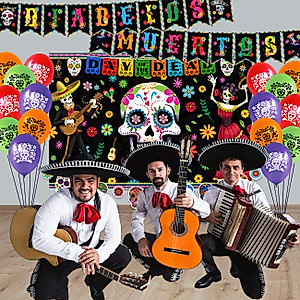 39 Pieces Day of The Dead Decorations, Day of The Dead Balloons Dia de Los Muertos Fiesta Background, Special Sugar Skull Dia De Los Muertos Cutouts Banner for Halloween Mexican Fiesta Supplies
