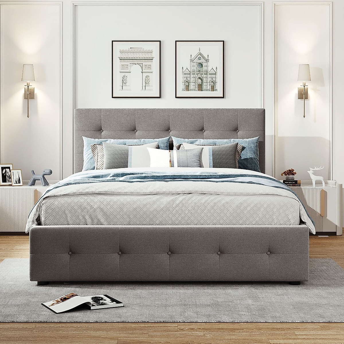 Bellemave Queen Size Platform Bed, Queen Linen Fabric Upholstered Platform Bed Frame with 2 Storage Drawers and 1 Twin XL Trundle, Ideal Bedroom Furniture, No Box Spring Needed (Light Gray)