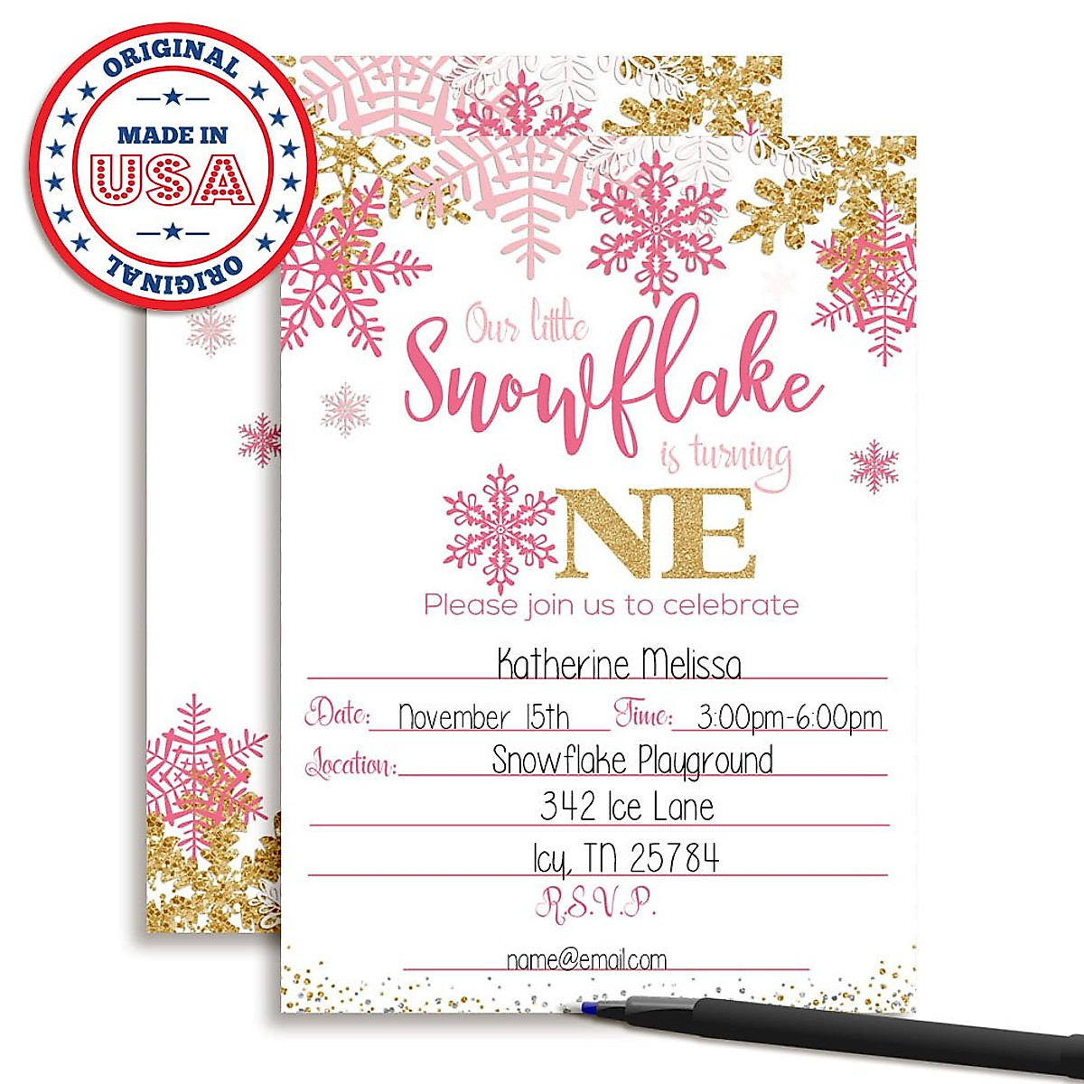 Winter Snowflake First Birthday Party Invitations in Pink & Gold, 20 5x7 Fill In Cards with Twenty White Envelopes by AmandaCreation