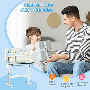 Qaba Wooden Kids Study Desk, Height Adjustable Children School Study Table, Student Writing Desk with Tilt Desktop, Drawer, Storage Shelf, Pen Holder, Blue