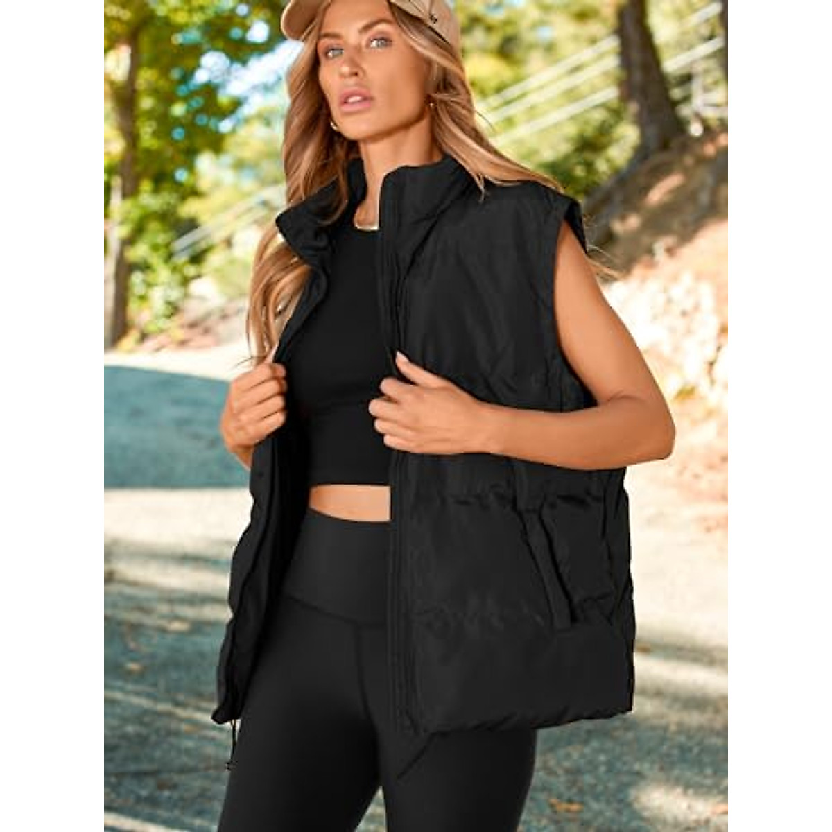 AUTOMET Puffer Vest Women Sleeveless Zip Up Outerwear Warm Puffer Lightweight Down with Pocket Fall Winter Jackets Coats 2025 Black M