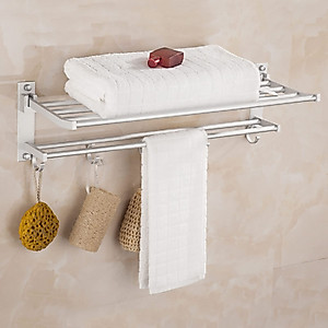 Double Layer Towel Rack, Bathroom Space Saving Towel Shelf, Wall Moted Towel Holder with Towel Hooks