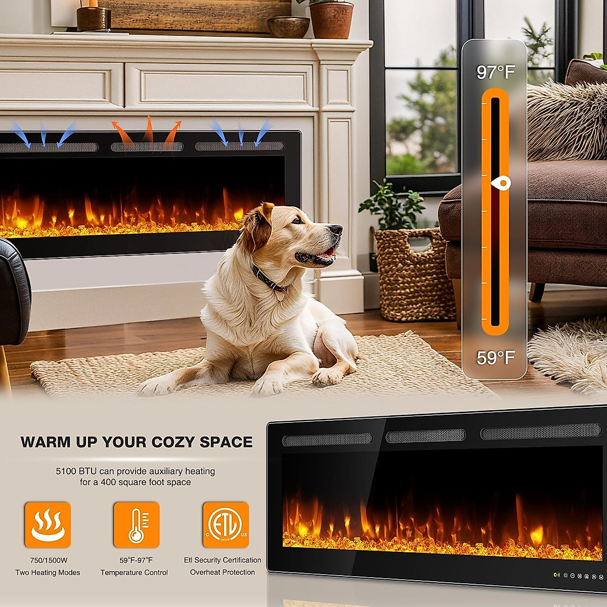 Manastin 50" Electric Fireplace Insert Ultra-Thin Recessed Wall Mounted Fireplace Insert 750/1500W Adjustable Flame Linear Fireplace Heater with 12h Timer/Remote Control/Touch Screen/Crystal Stone