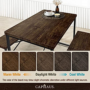 CAPHAUS 3 Pieces Dining Table Set for 4 w/Benches, Rectangular Dining Room Set, Modern Wood Bench Dining Room Table Set, Metal Frame Space-Saving Dining Set, Dining Table w/Two Benches, Brown Oak