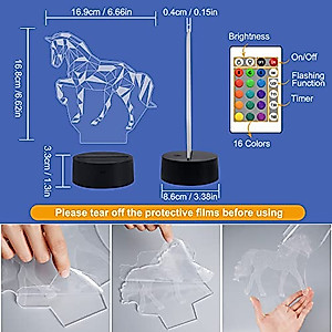FULLOSUN Night Lights for Kids Horse Illusion 3D Night Light Bedside Lamp 16 Colors Changing with Remote Control Best Birthday Gifts for Child Baby Boy and Girl
