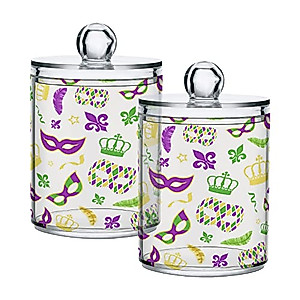 Kigai 4PCS Mardi Gras Qtip Holder Dispenser with Lids - 14 oz Bathroom Storage Organizer Set, Clear Apothecary Jars Food Storage Containers, for Tea, Coffee, Cotton Ball, Floss