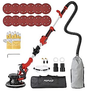 POPULO Drywall Sander, 810W 7A Electric Drywall Sander with Vacuum Attachment, Variable Speed 900-1,800RPM Power Wall Sander with 12 Pcs Sanding discs, LED Light, Dust Hose, and Extension Handle