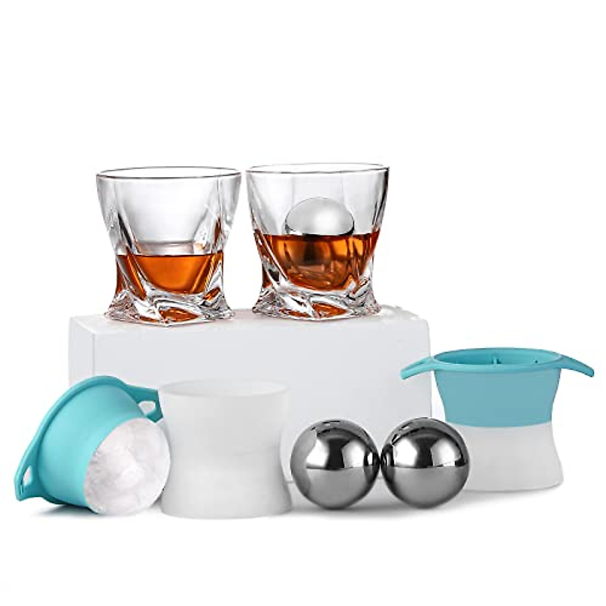 Old Fashioned Whiskey Glasses,Set of 6 (2 Crystal Bourbon Glasses,2 Stainless Steel Ice Balls,2 Round Big Ice Molds )-9 Oz Whiskey Rocks Glass for Scotch Cocktail Rum Cognac Vodka Liquor,Gift for Men