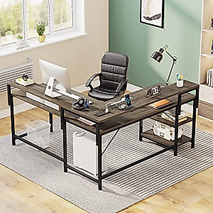 Tribesigns L Shaped Desk with Power Outlets, Reversible Corner Computer Desk with Monitor Stand and Storage Shelves, Home Office Gaming L Desk with USB Port, Gray …