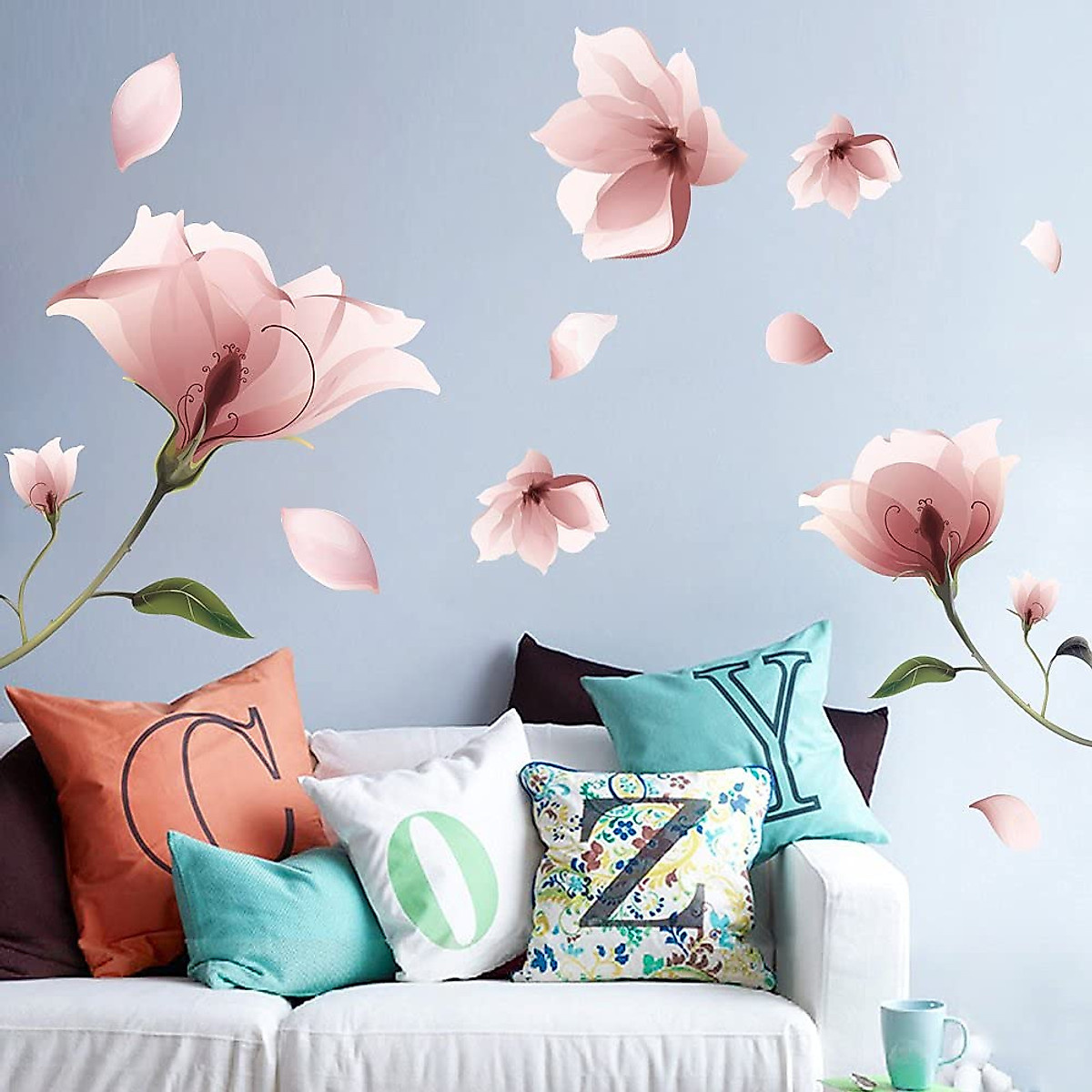 Buer Homie Wall Stickers, Pink Flowers Decals for Living Room DIY