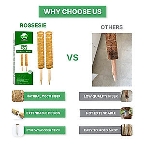 Rossesie 29-inch Moss Pole for Plants Monstera – 2 Extendable Coco Coir Support Stakes for Indoor Potted Plants - Moss Poles for Climbing Plants to Grow Upward with 2 x 47'' Twist Tie