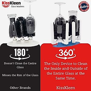 KissKleen Glass Cleaner Brush - Bar and Restaurant Commercial Glass Washer Brush for 2 Glasses - Wine Glass, Bottle, and Cup Washer to Remove Water Spots & Stains