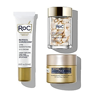 RoC Retinol Correxion Line Smoothing Regimen Eye Cream + Retinol Serum Capsules For Night + Max Hydration Crème With Hyaluronic Acid For Day, Skin Care Bundle For Women & Men