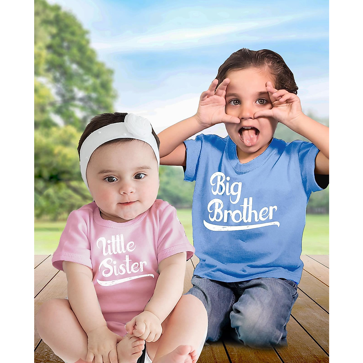 Big Brother Little Sister Matching Outfits Baby Announcement Sibling Shirts Set Kids Shirt California Blue/Baby Pink Kids Shirt 3T / Baby Newborn