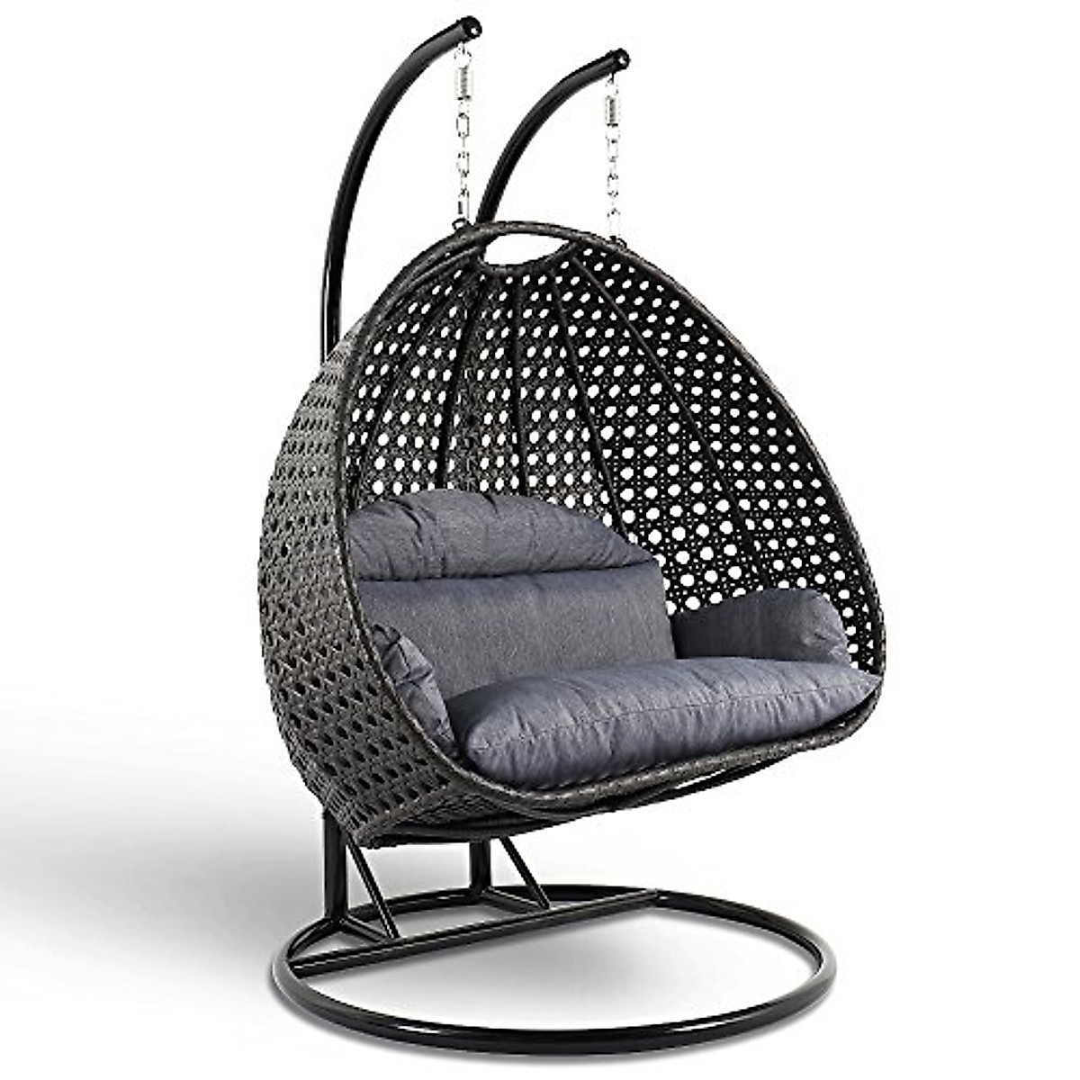 LeisureMod 2 Person Hanging Double Swing Chair, X-Large Wicker Rattan Egg Chair with Stand and Cushion for Indoor Outdoor Patio Garden (Charcoal Blue)