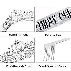 Birthday Crown & Birthday Queen Sash Set, Aprince Rhinestone Tiaras and Crowns for Women Girls Silver Tiara Birthday Silver Sash Princess Tiaras Queen Crowns for Birthday Prom Photoshoot