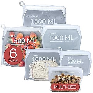 Reli. Reusable Silicone Bags (6 Pack, Multi-Size) | 2 Snack, 2 Sandwich, 2 Gallon - Clear | Silicone Bags for Food Storage | Reusable Food Storage Bags for Food, Meal Prep | Dishwasher/Freezer Safe