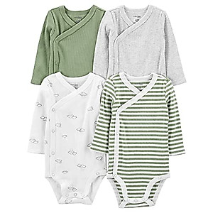 Simple Joys By Carter's Unisex Baby 4-pack Side Snap Bodysuit Bodystocking, Jade Green Stripe/Light Grey/Olive/White Clouds, 24 Months US