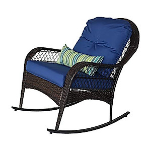 Sundale Outdoor Wicker Rocking Chair Rattan Outdoor Patio Yard Furniture All- Weather with Cushions & Lumbar Pillow (Navy)