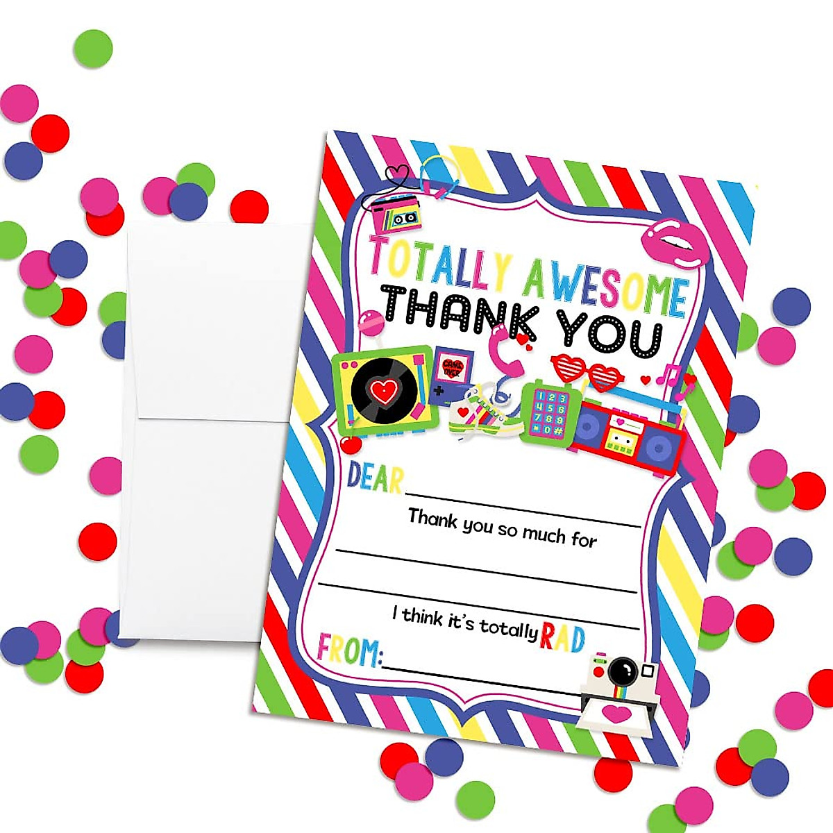 Amanda Creation Totally Awesome 80's Themed Birthday Party Thank You Notes, Ten 4" x 5.5" Fill-In the Blank Cards with 10 White Envelopes