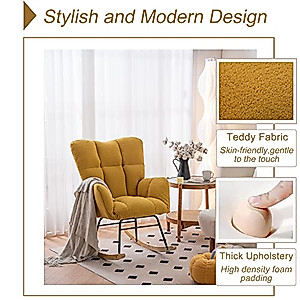 Krinana Teddy Fabric Nursery Rocking Chair, Rocker Armchair with Solid Wood Legs, Glider Chair Nursery with High Backrest for Living Room Apartment (Teddy Fabric,Yellow)