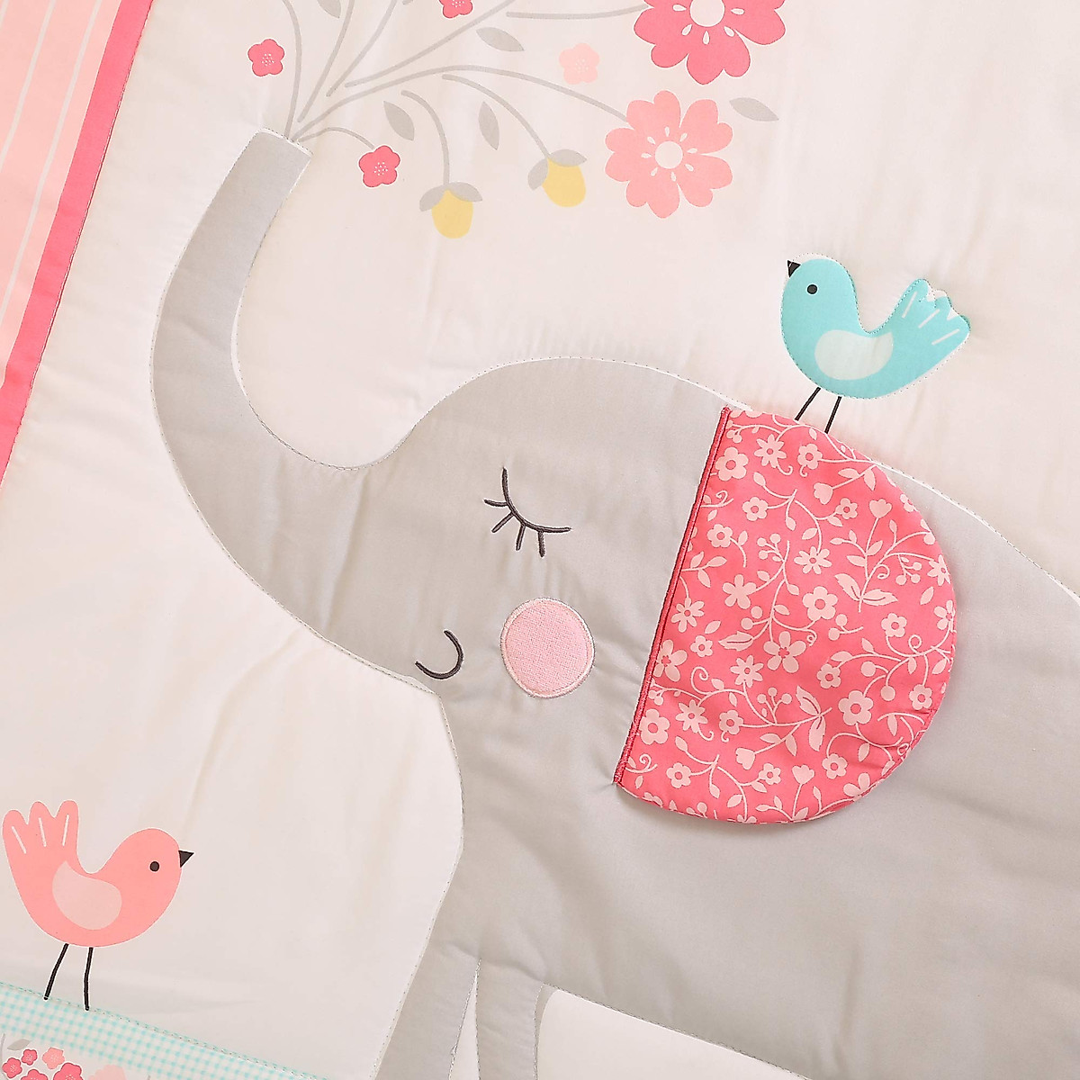 Brandream Jungle Elephant Crib Bedding Set for Girls Butterfly Birds Floral Baby Nursery Bedding Sets,3 Pieces - Blush Pink and Gray
