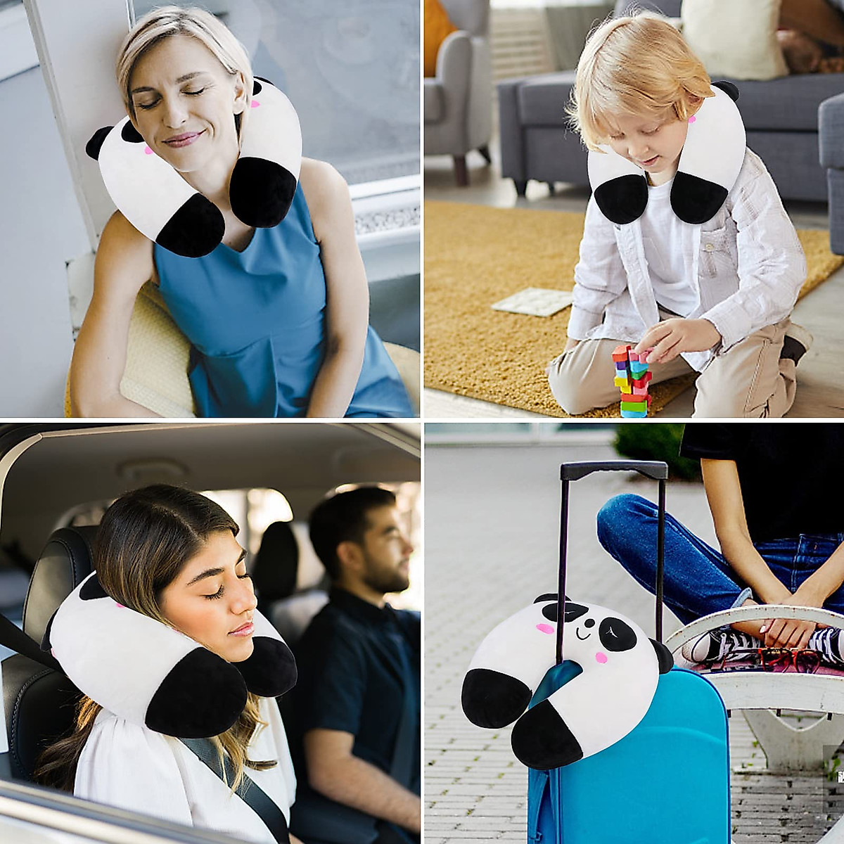 JIANWEI Travel Pillow, Portable and Comfortable Neck Support Pillow with an Eye Mas-k, Rest Neck Support Cushion with Animal Pattern Super Travel Partner(Panda,)