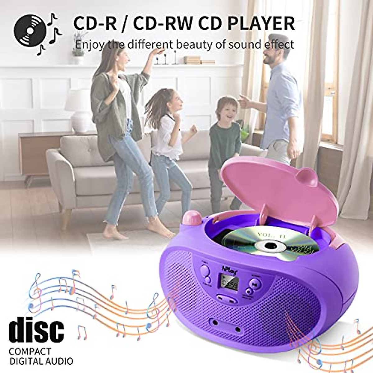 hPlay Gummy GC04 Portable CD Player Boombox with Digital Tunning AM FM Stereo Radio Kids CD Player LCD Display, Aux-Port Supported AC or Battery Powered - Pastel Violet