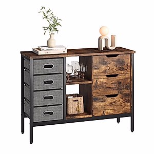 Bestier Sideboard Storage Unit w/ 3 Drawers, 2 Adjustable Shelves, 4 Sliding Fabric Cubes, & Adjustable Foot Pads for Living Room, Bedroom, or Hallway