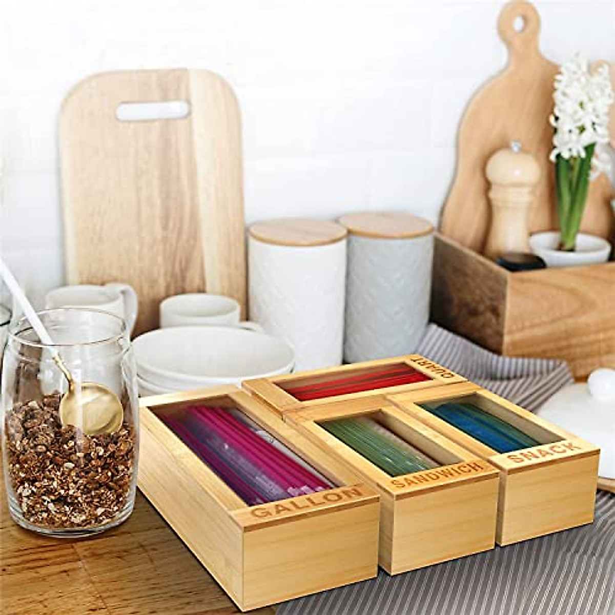 ANLIZY Ziplock Bag Storage Organizer - Plastic Bag Organizer for Kitchen Drawer, Bamboo Baggie Organizer for Gallon, Quart, Sandwich, Snack, Compatible with Ziploc, Glad, Solimo, 365 by WFM, Hefty