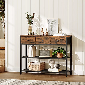 HOOBRO 39.4" Narrow Console Table with 3 Fabric Drawers, Small Entryway Table with 3-Tier Storage Shelves, Thin Sofa Table, Side Table, for Living Room, Hallway, Rustic Brown and Black BF82XG01
