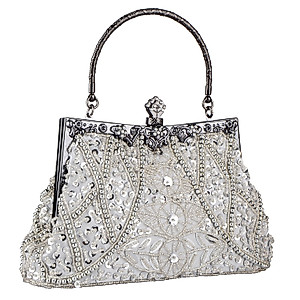 Fashion Vintage Style Handbag Beaded Sequined Evening Bag Wedding Party Handbag Rhinestone Clutch Purse (Silver)